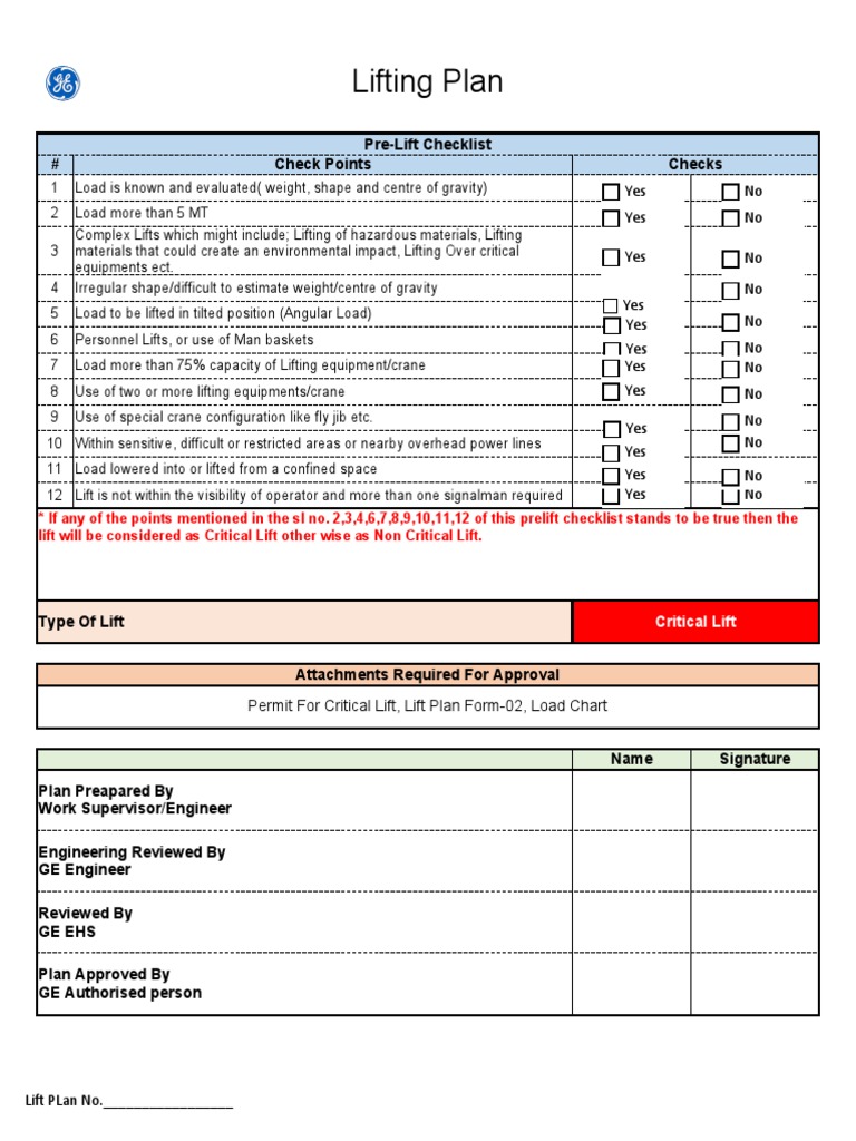Critical Lifting Plan Checklist | PDF