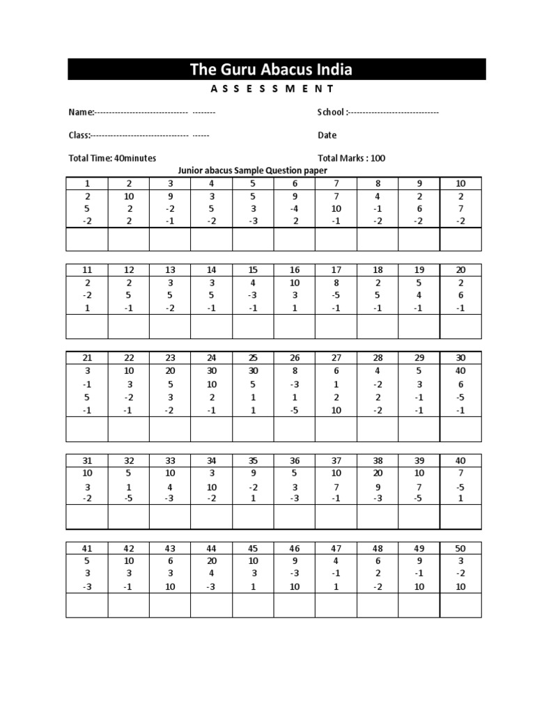 Level 1 Abacus Sample Question Paper | PDF