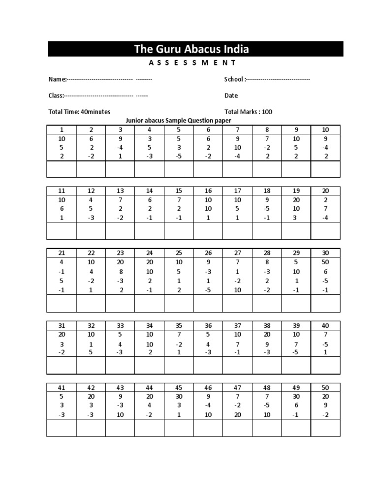 Junior Abacus Level 1 Question Paper | PDF