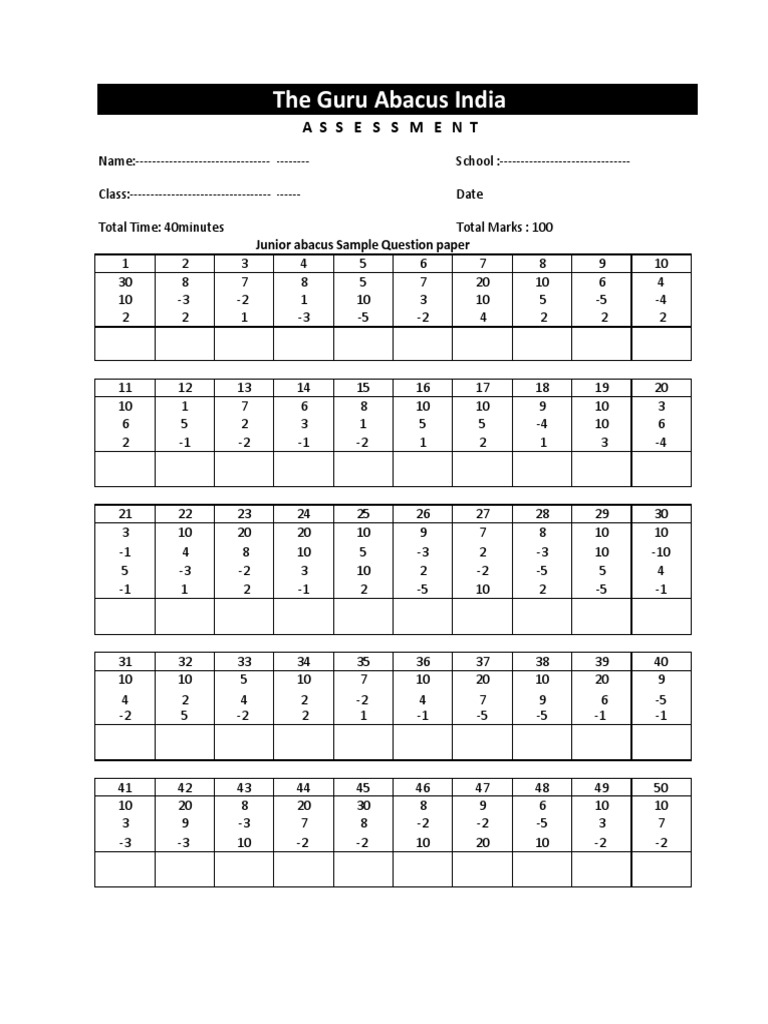 Junior Abacus Sample Question Paper | PDF