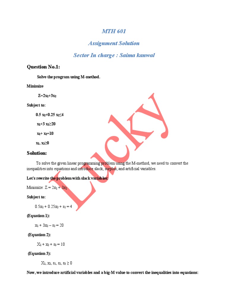 MTH 601 Assignment Saima Kanwal Solution by Lucky | PDF