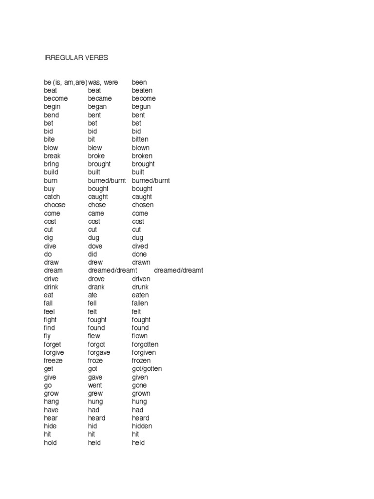 Irregular Verbs Pdf