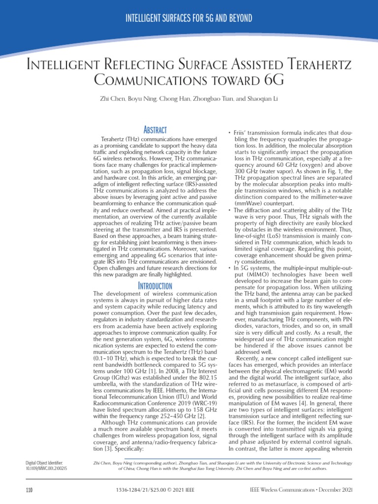 Intelligent Reflecting Surface Assisted Terahertz Communications Toward 6G | PDF | Terahertz ...