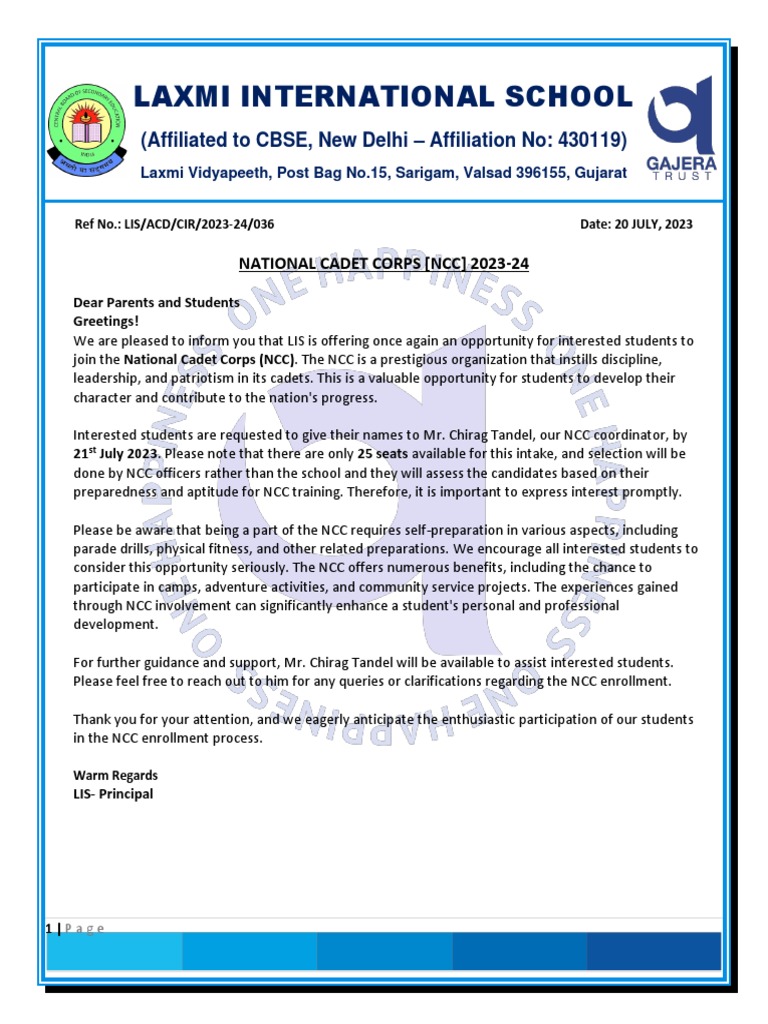 NCC Circular For Class 7 To 12 | PDF