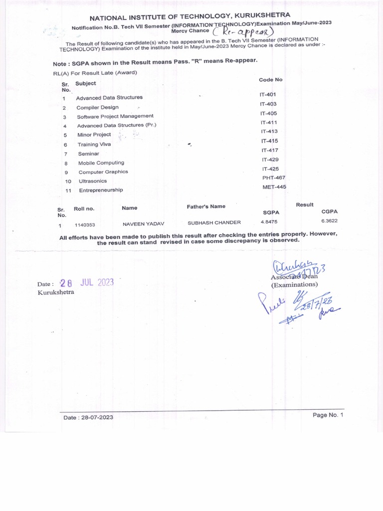 Reappear Result of B.Tech - 7th Semester IT 1140353 | PDF | Computing ... Reappear Result of B.Tech - 7th Semester IT 1140353 | PDF | Computing ...