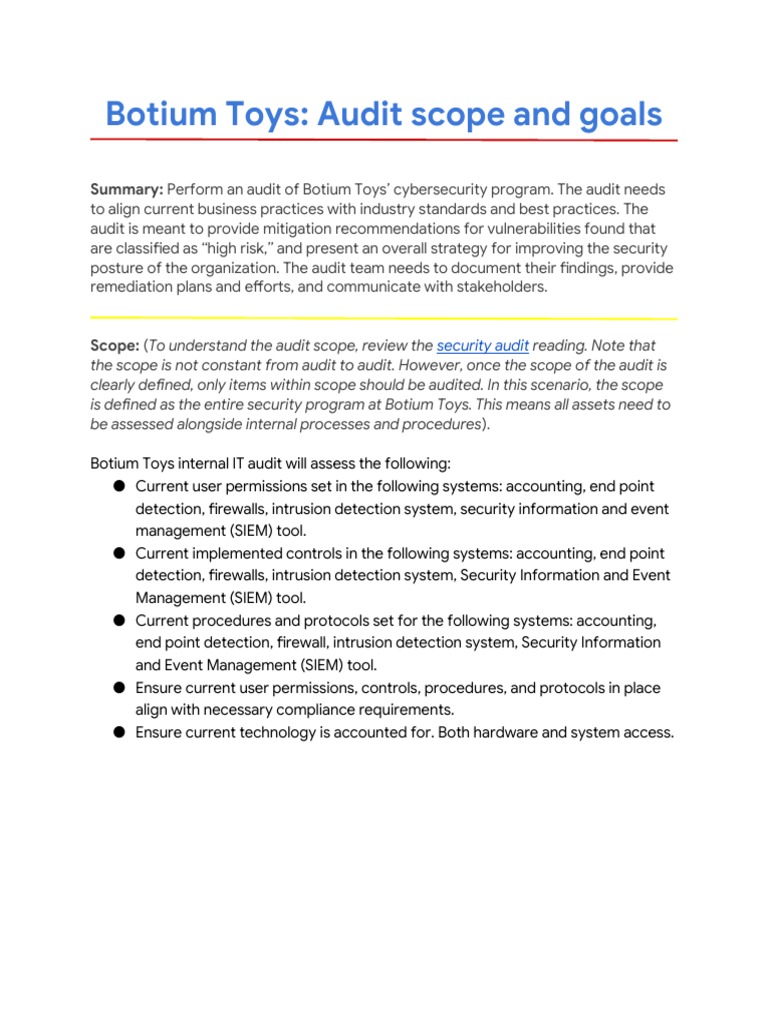 Botium Toys - Audit Scope and Goals | PDF | Computer Security | Security