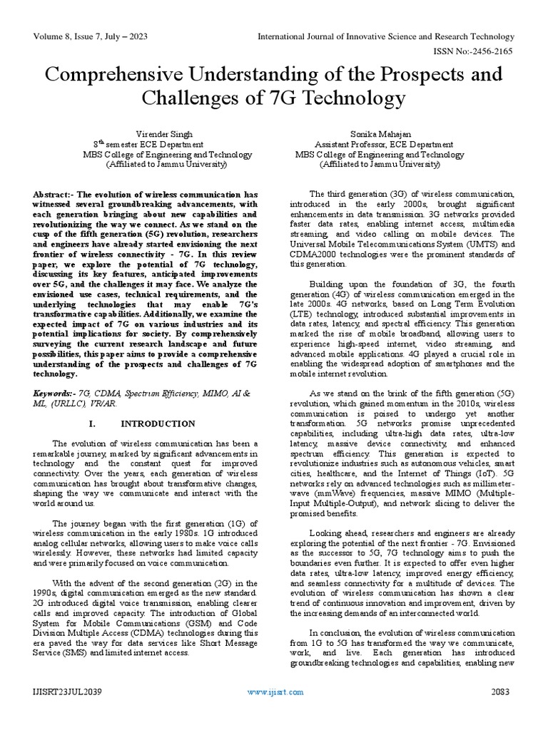 Comprehensive Understanding of The Prospects and Challenges of 7G Technology | PDF