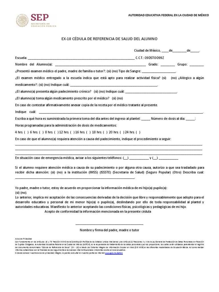 Cédula de Salud del Alumno EX-10 | PDF