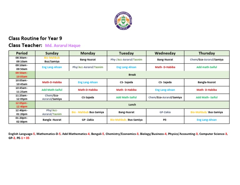 Year 9 Class Routine Schedule | PDF