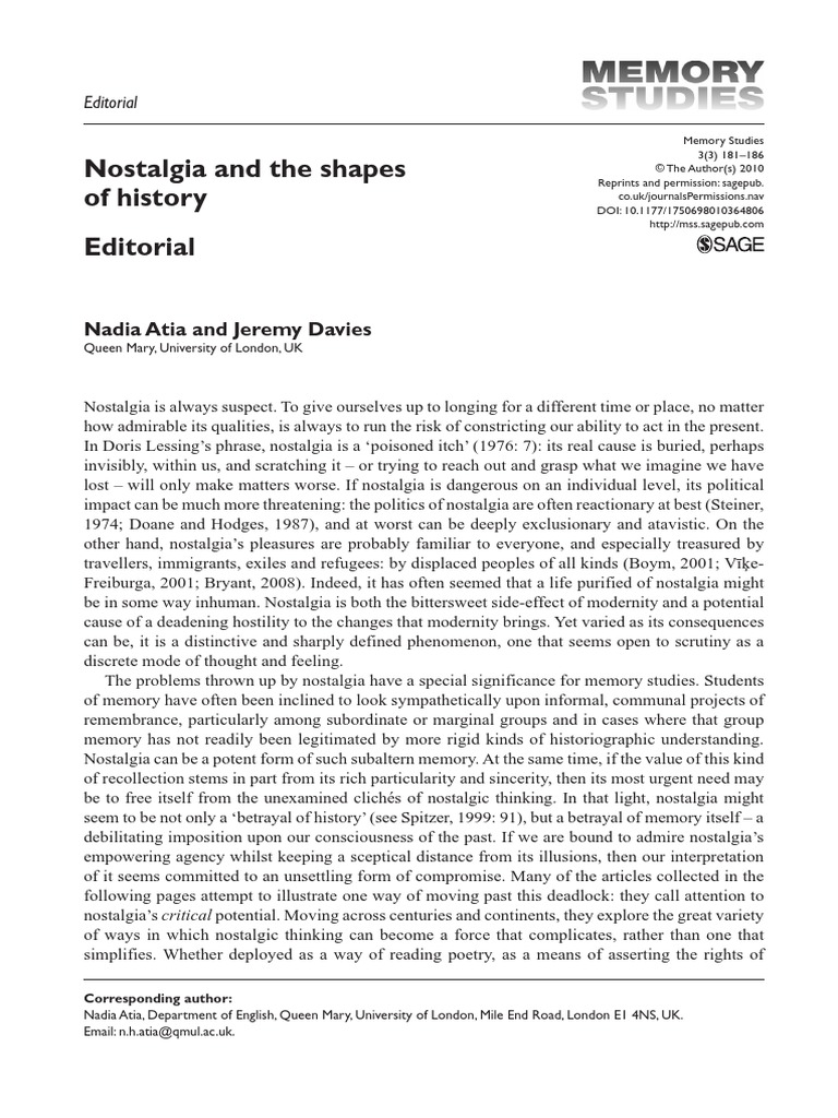 Nostalgia and The Shapes of History | PDF | Nostalgia | Identity ...
