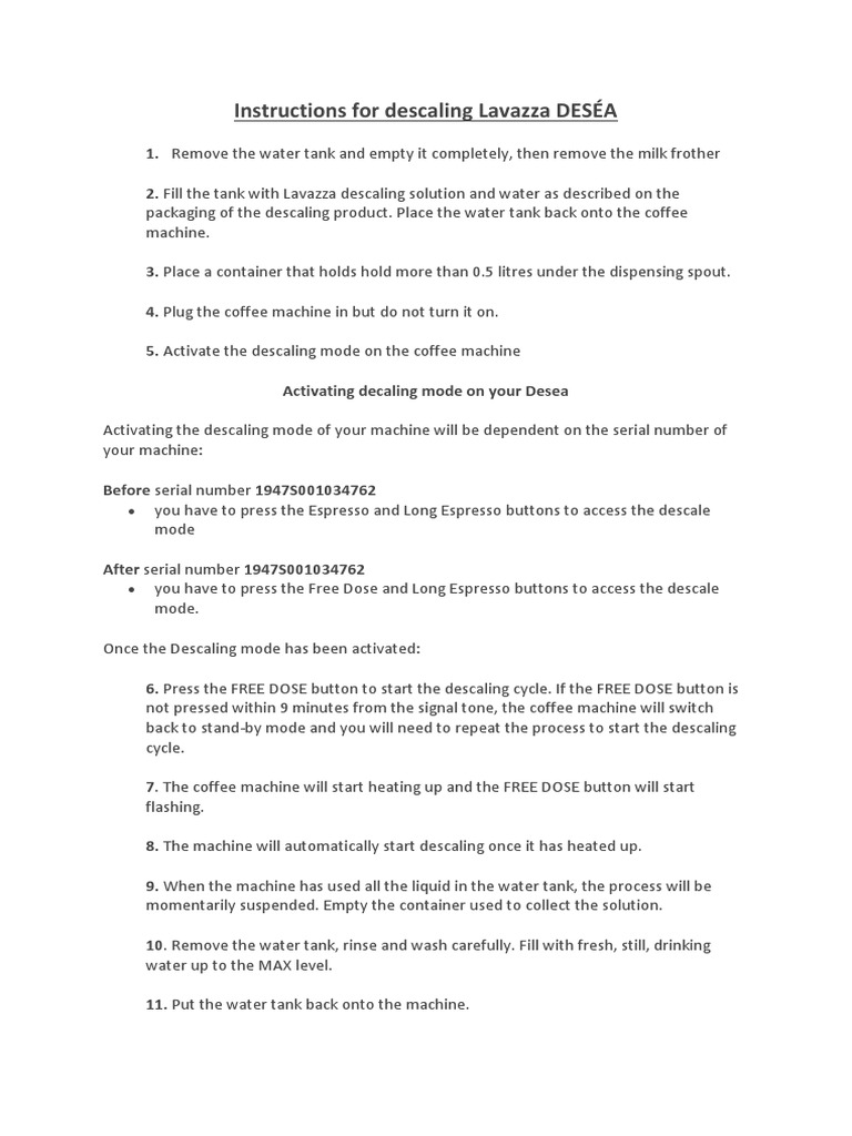 Lavazza DESÉA Descaling Instructions | PDF