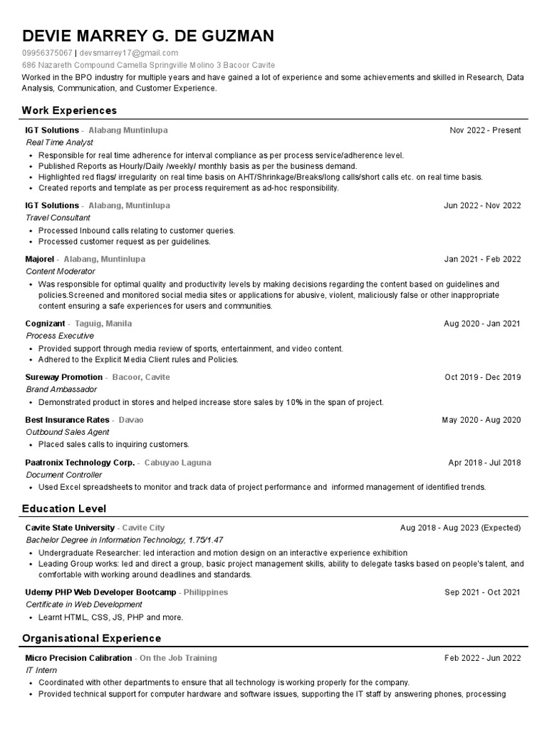 IGT Solutions Alabang Work Experience | PDF | World Wide Web | Internet ...