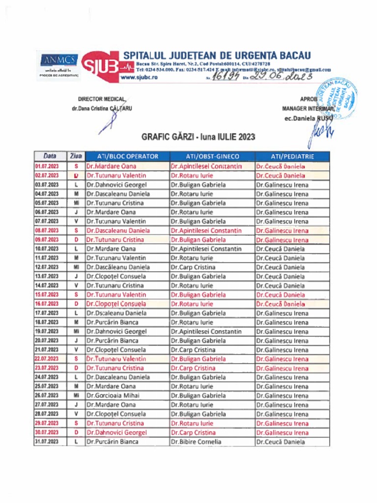 SJU Bacau - Grafic Garzi - Luna Iulie 2023 | PDF