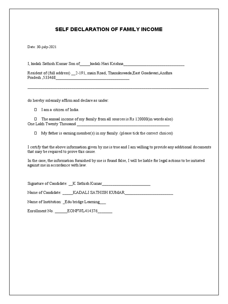 Family Income Self Declaration Form | PDF