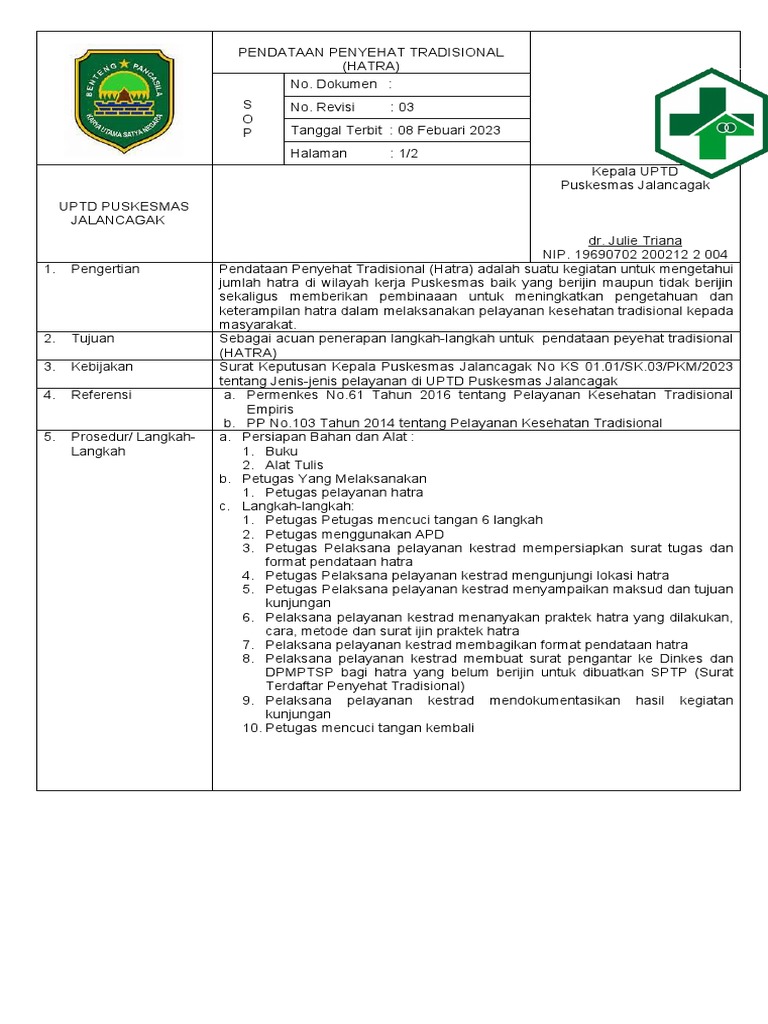 Sop Pendataan Penyehat Tradisional (Hatra) | PDF
