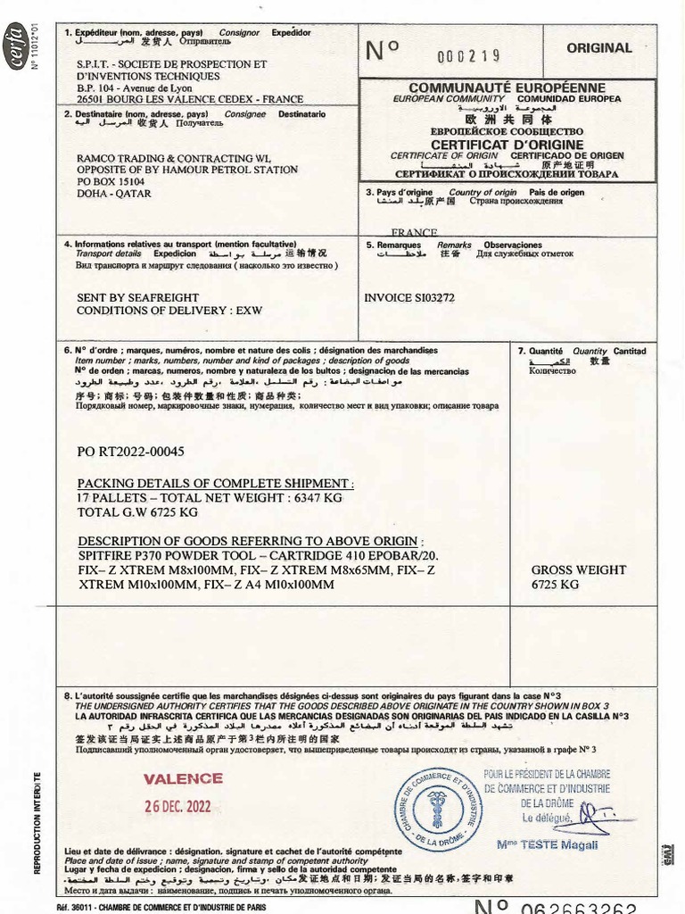 SPIT FIX Z Country of Origin Certificate | PDF