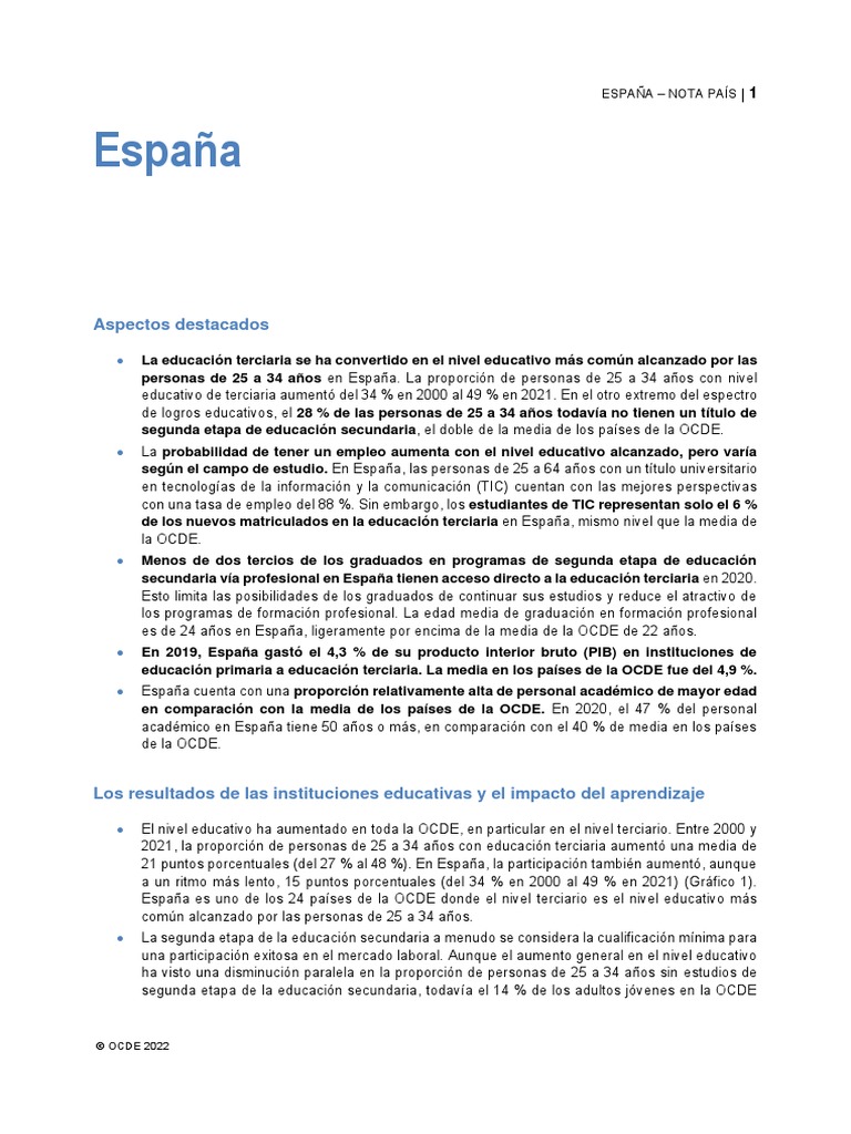 RESUMEN - Panorama de La Educacion 2022 - OCDE | PDF | España | Educación más alta