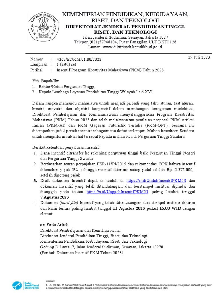 Pengumuman PKM 2023 Skema Insentif Diktiristek | PDF