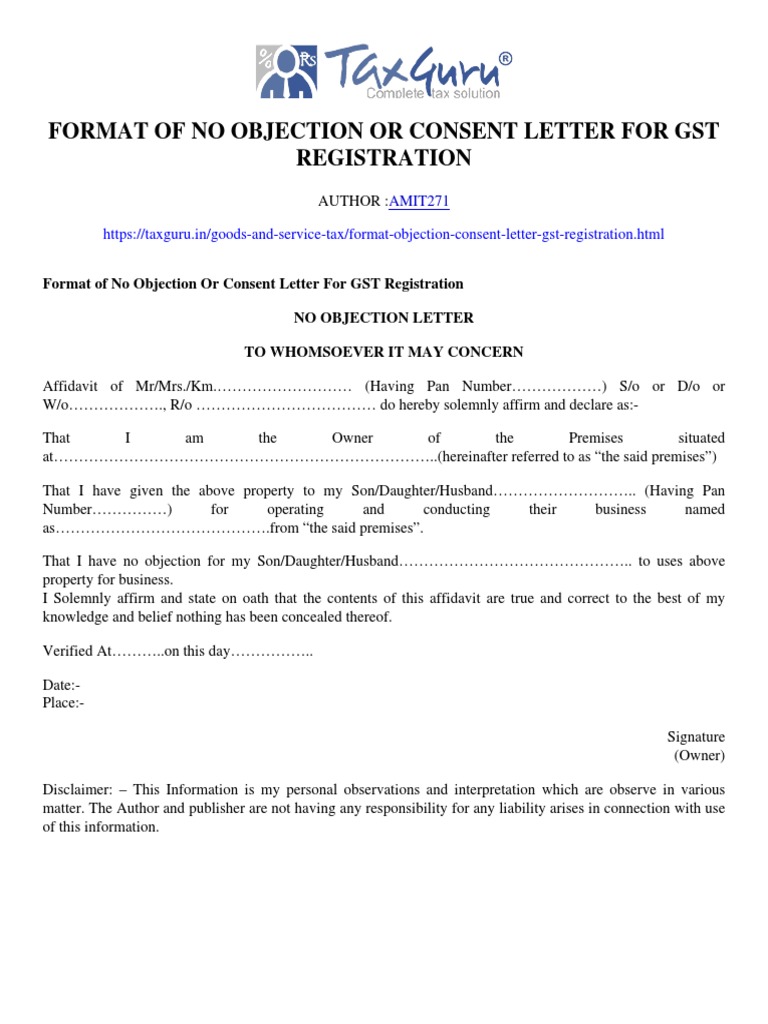 Format of No Objection or Consent Letter For GST Registration - Taxguru ...