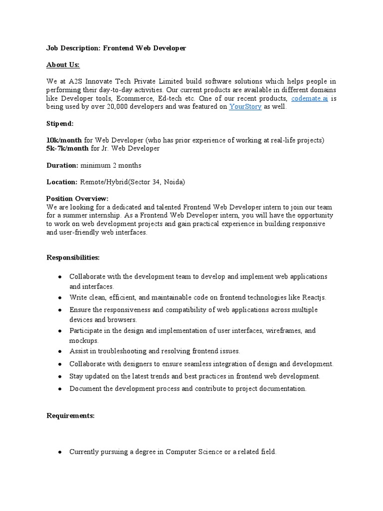 Job Description - Frontend Web Developer | PDF | World Wide Web | Internet & Web