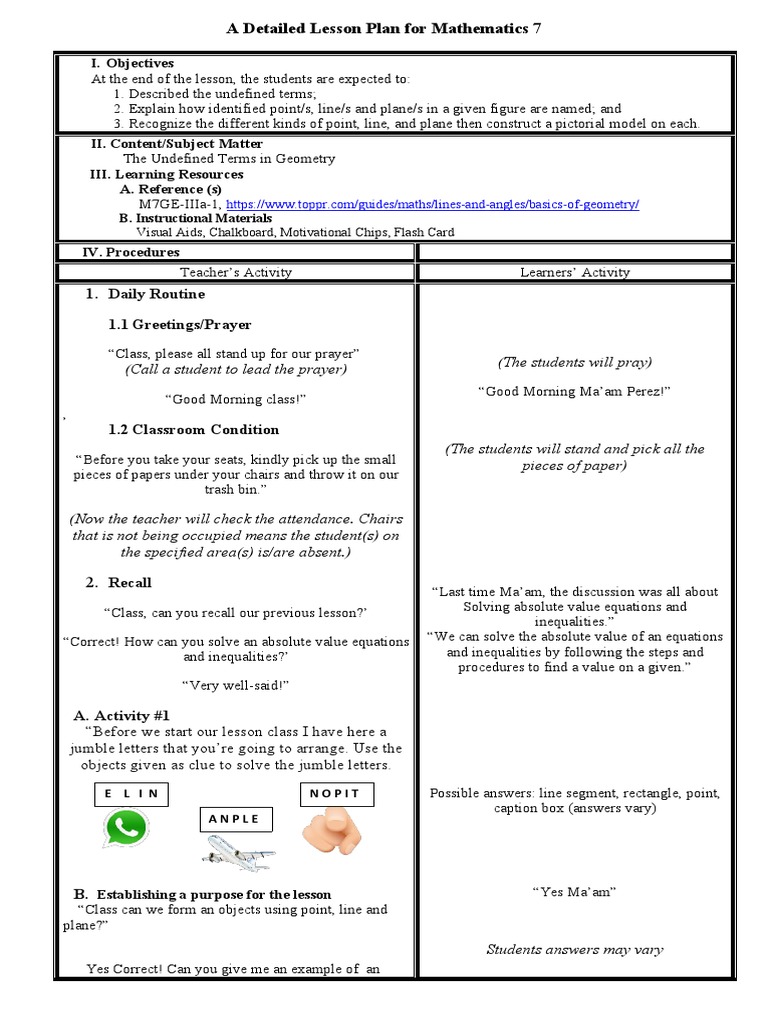 A Detailed Lesson Plan For Mathematics 7 | PDF | Lesson Plan | Line ...