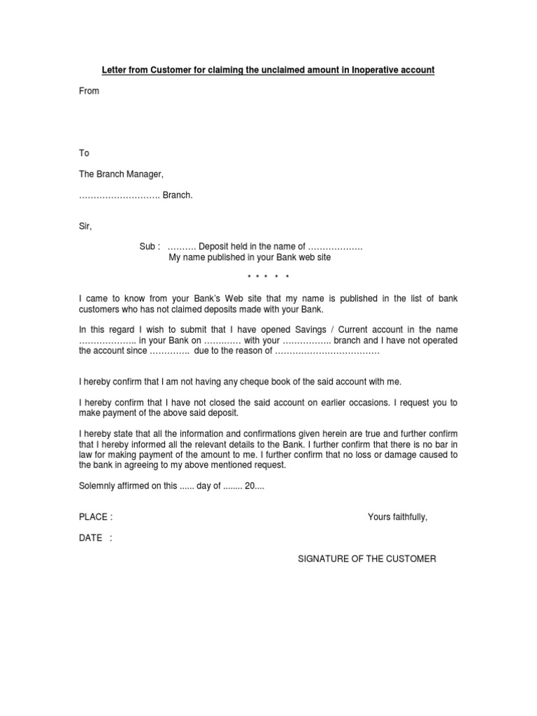 20 Letter From Customer For Claiming The Unclaimed Amount in ...