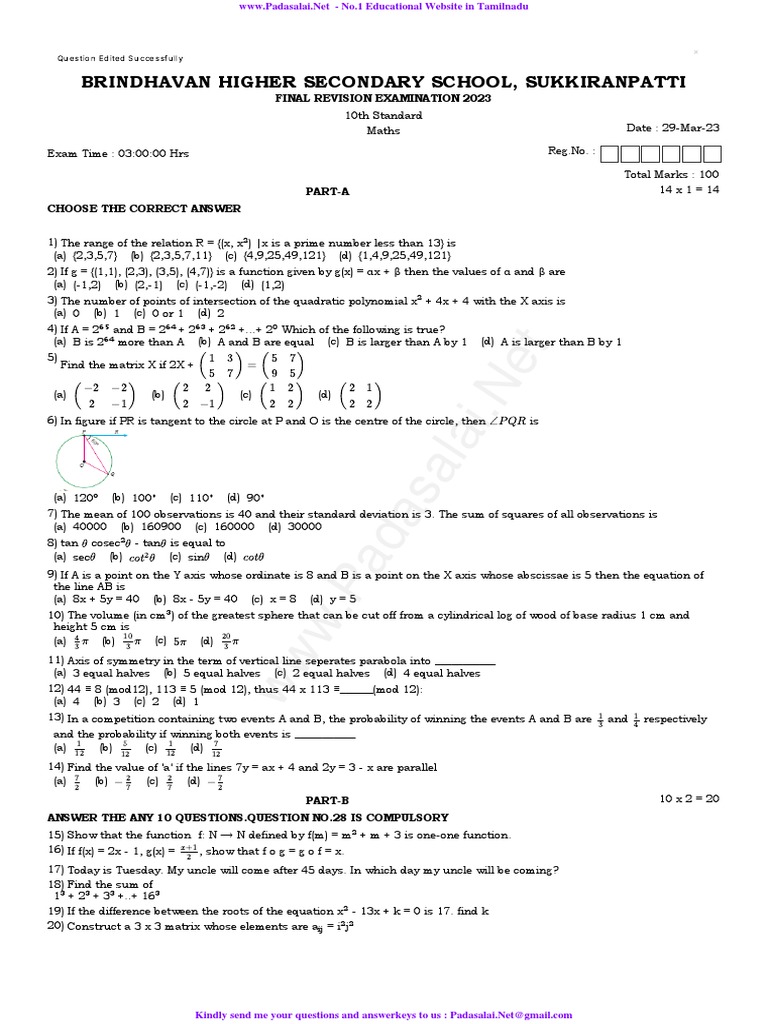 10th Maths EM Public Exam Model Question Paper English Medium PDF Download | PDF | Circle ...
