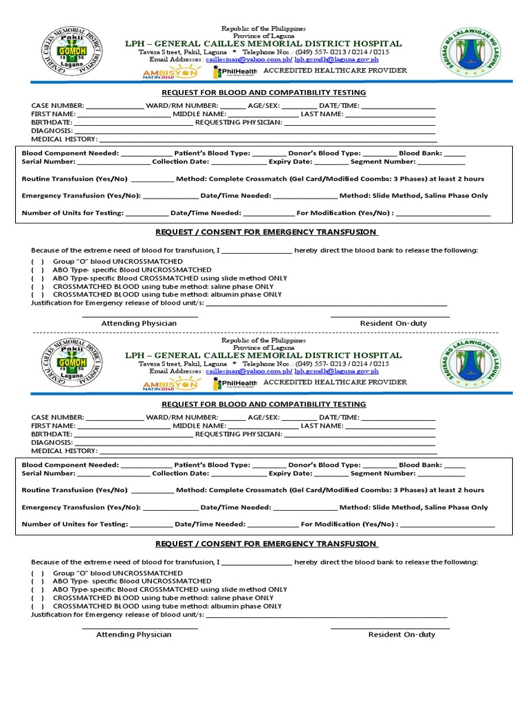 Blood Request Form - LMC Format | PDF | Blood Transfusion | Blood Type