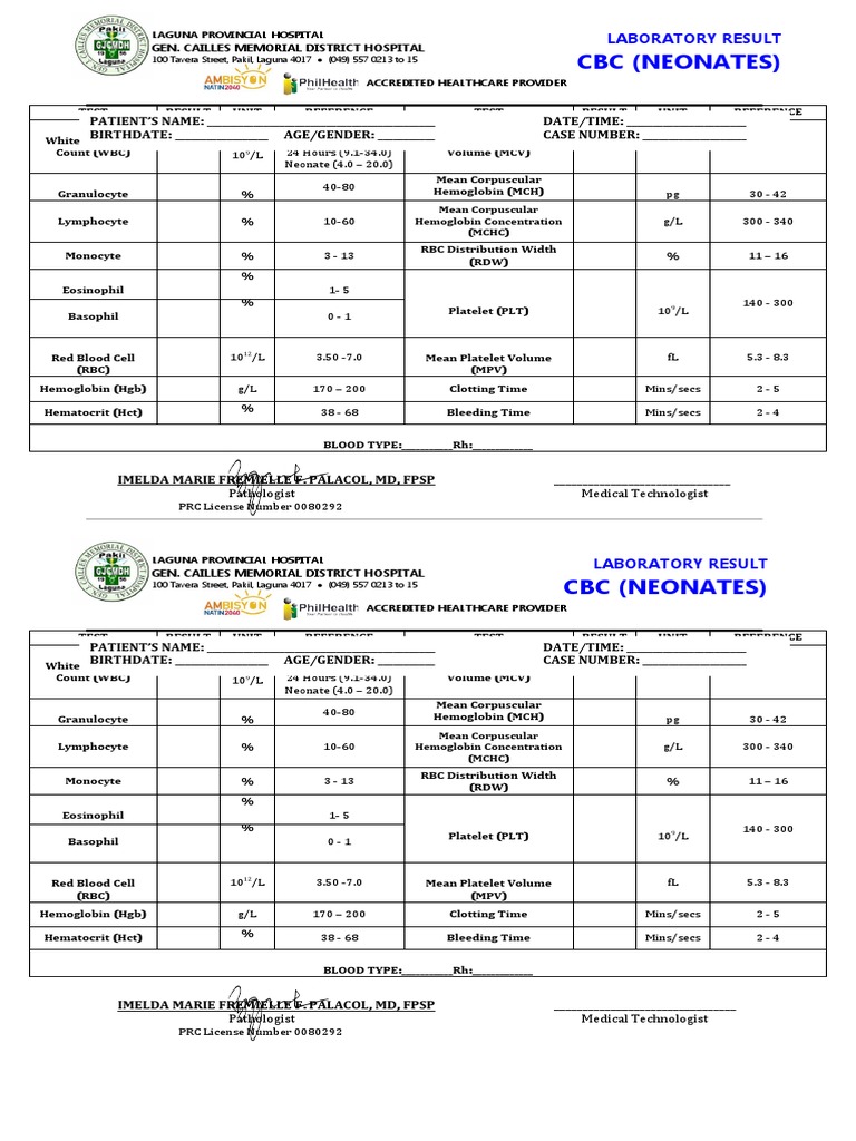 CBC Form Neonates 2021 New | PDF | Blood Cell | Blood