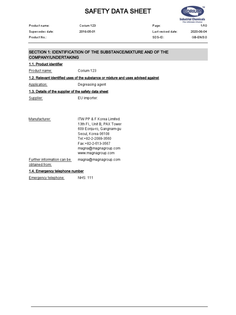Corium 123 EN MSDS | PDF | Firefighting | Physical Sciences