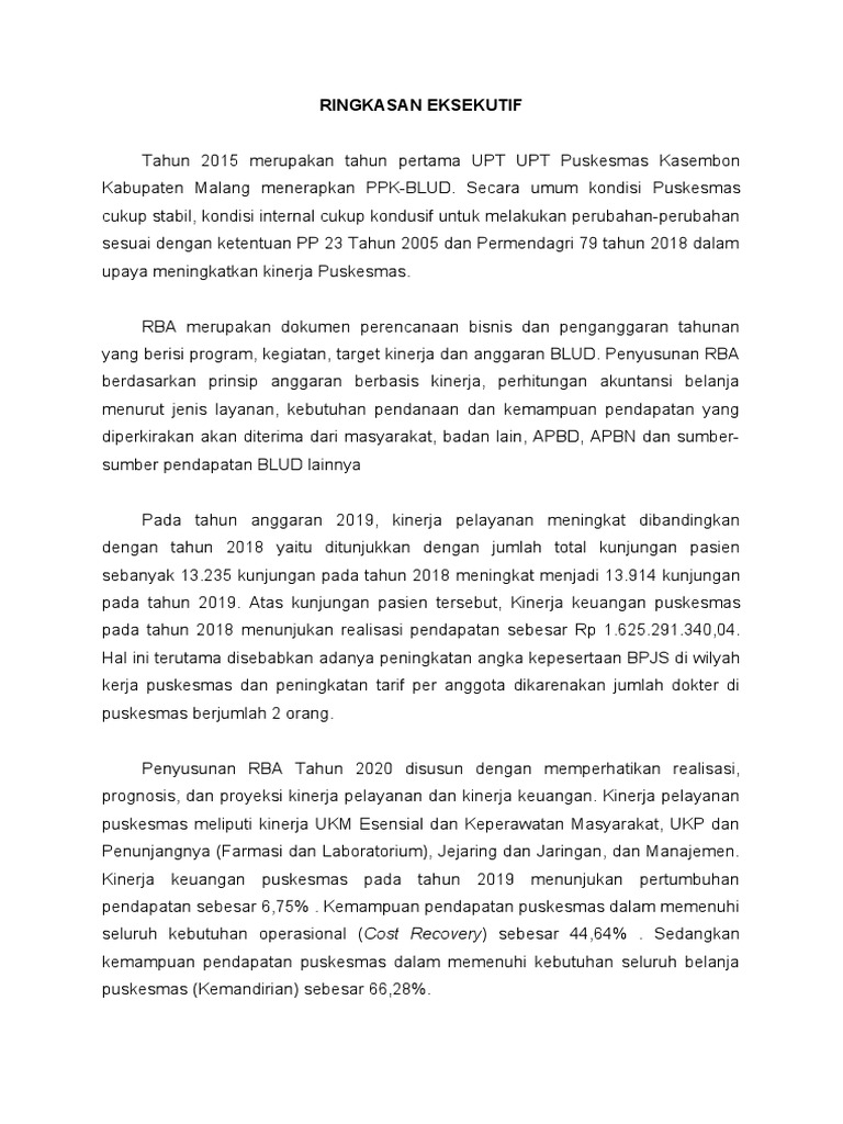 Contoh RBA Puskesmas BLUD 2020 | PDF
