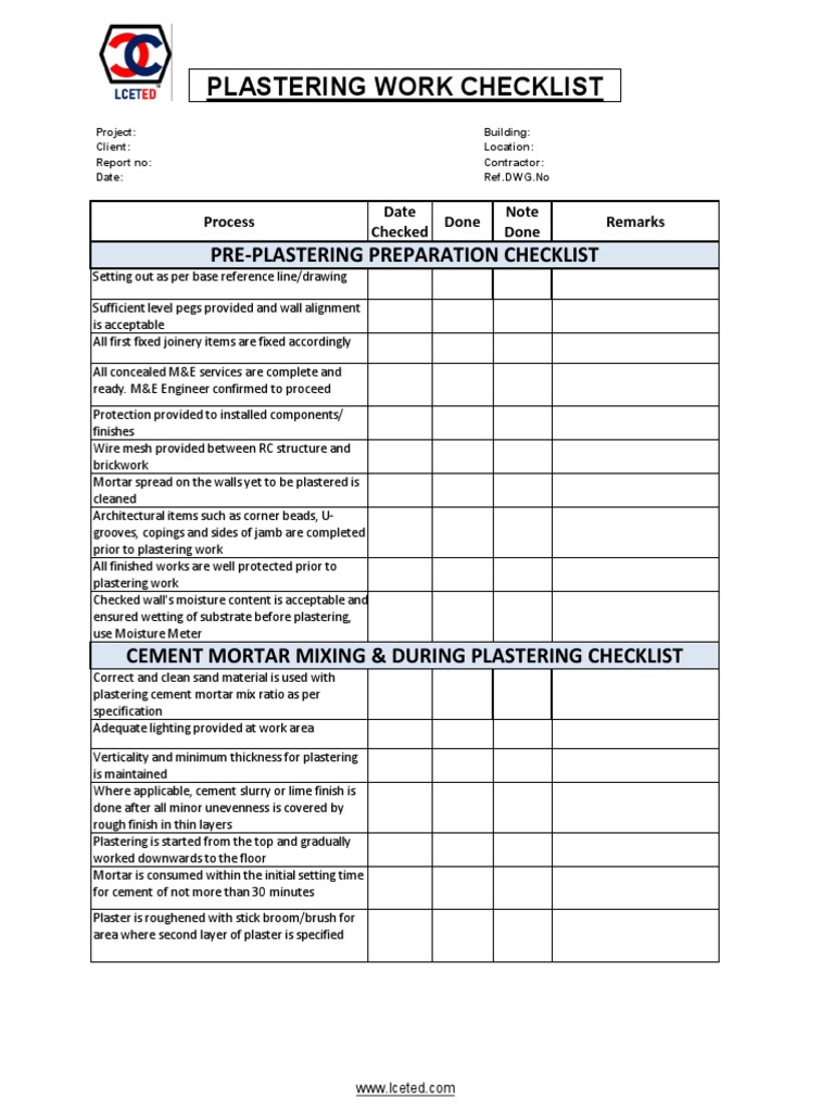 Plastering Work Checklist | PDF | Plaster | Mortar (Masonry)