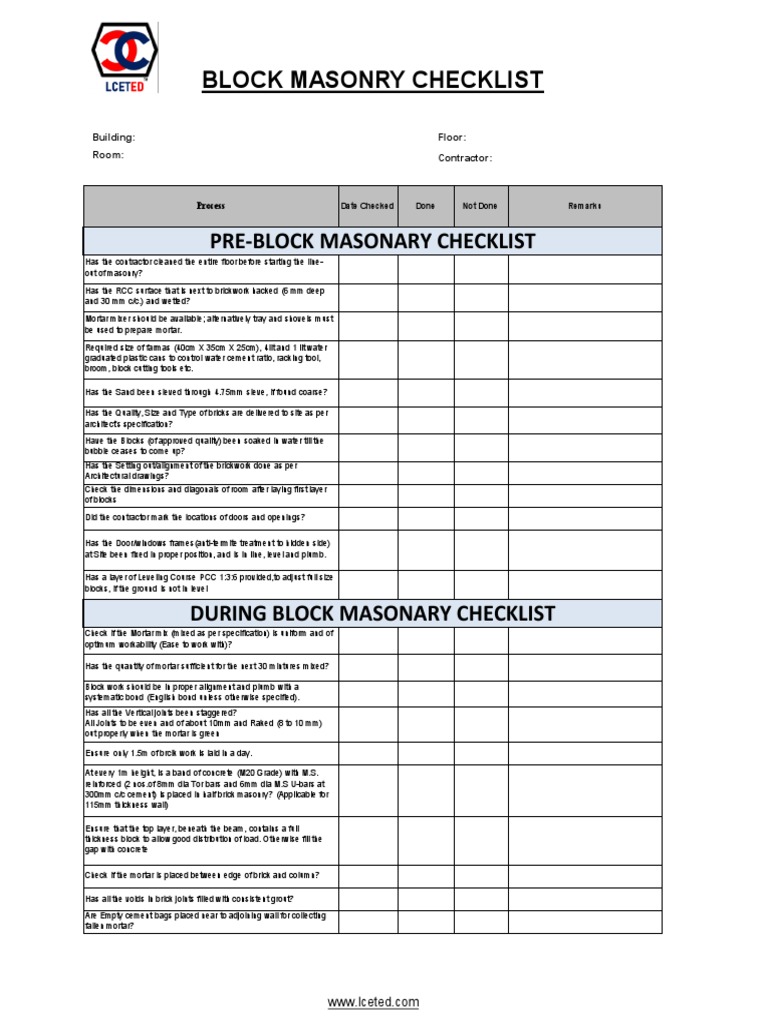 Blockwork Checklist | Download Free PDF | Masonry | Brick