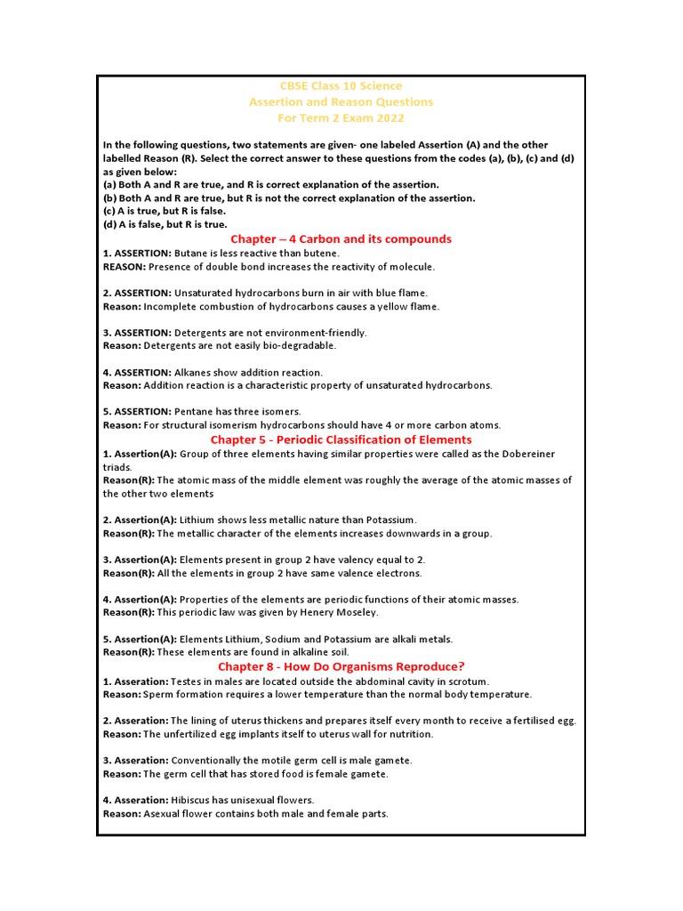 Cbse Class 10 Science Assertion - Reason Questions For Term 2 Exam 2022 ... Cbse Class 10 Science Assertion - Reason Questions For Term 2 Exam 2022 ...