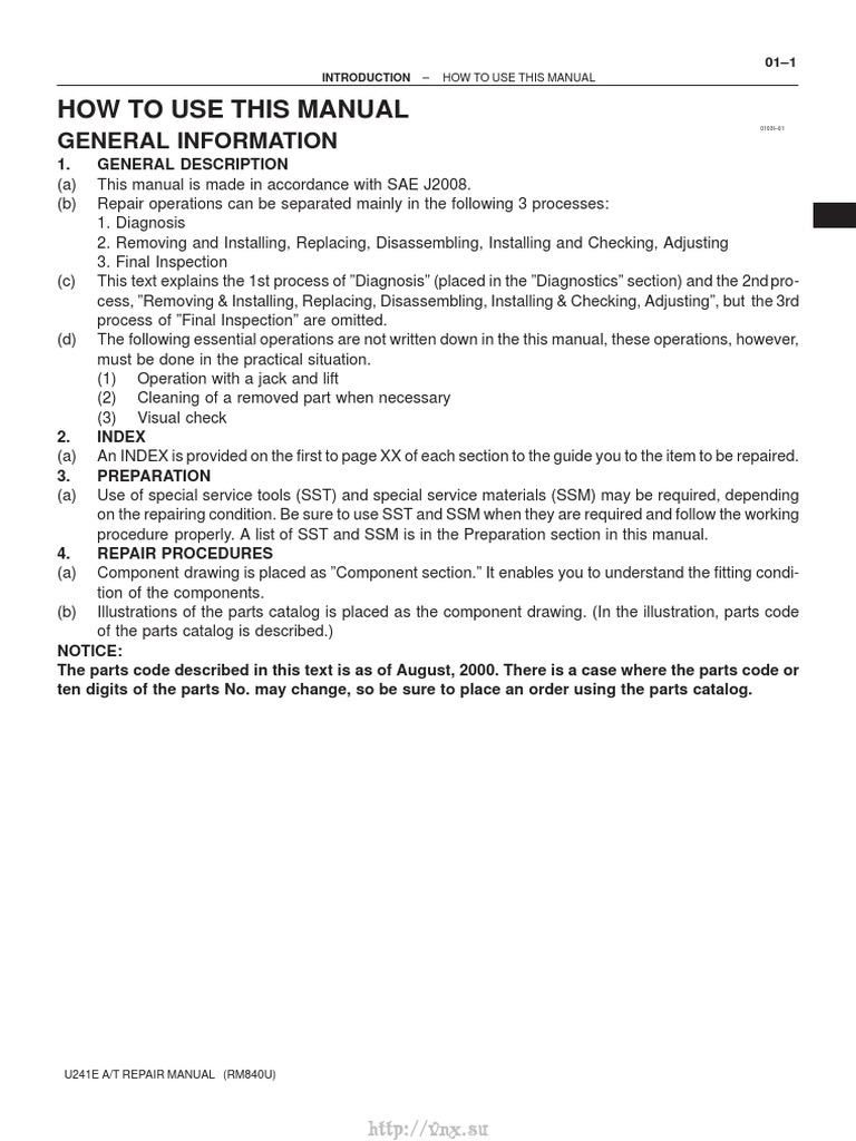 U241E A/T Repair Manual Guide | PDF | Automatic Transmission | Throttle