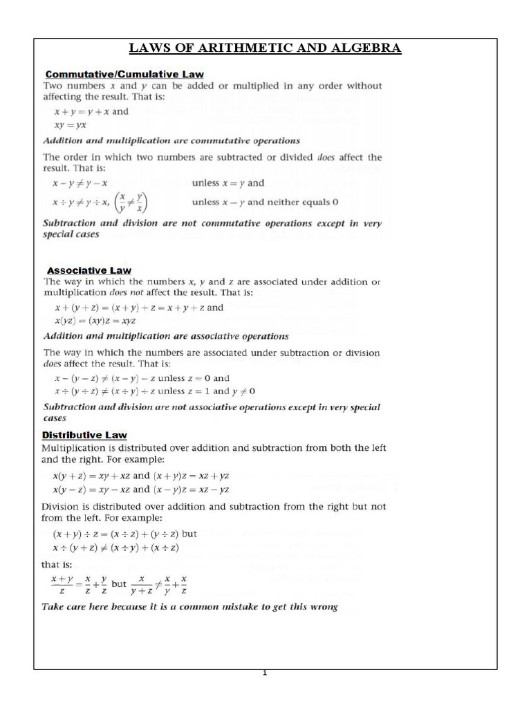 Laws of Arithmetic and Algebra | PDF