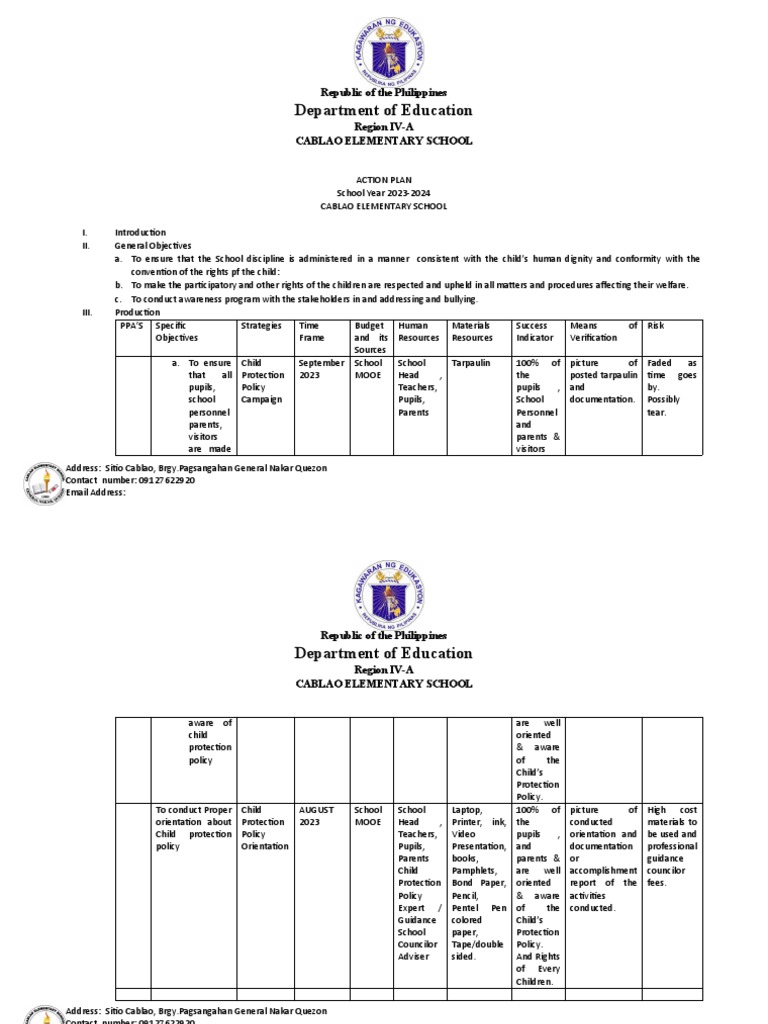 ACTION PLAN in Child Protection Policy S.Y 2023-2024 | PDF | Child ...