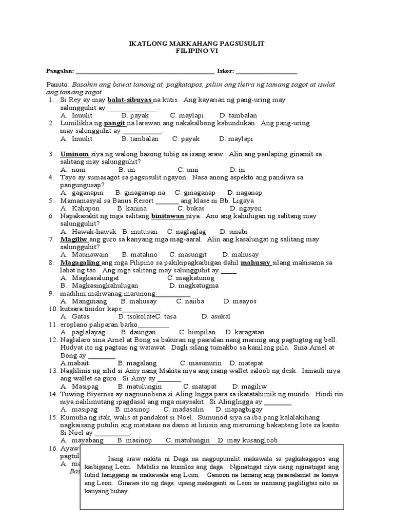 Ikatlong Markahang Pagsusulit Sa Filipino 6 | PDF
