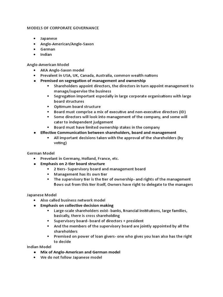 MODELS OF CORPORATE GOVERNANCE | PDF | Corporate Governance ...