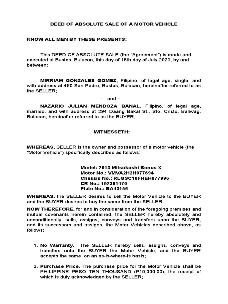 Deed of Absolute Sale of A Motor Vehicle | PDF | Deed | Sales
