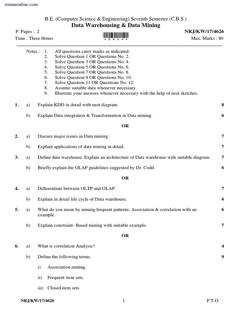 Cse 7 Sem Data Warehousing and Data Mining Winter 2017 | PDF | Data Warehouse | Data Mining