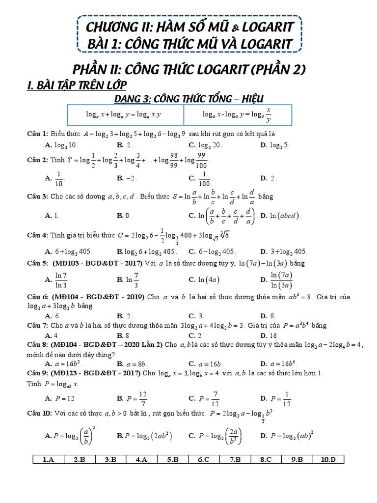 Tài liệu - Công thức logarit (Buổi 2) | PDF