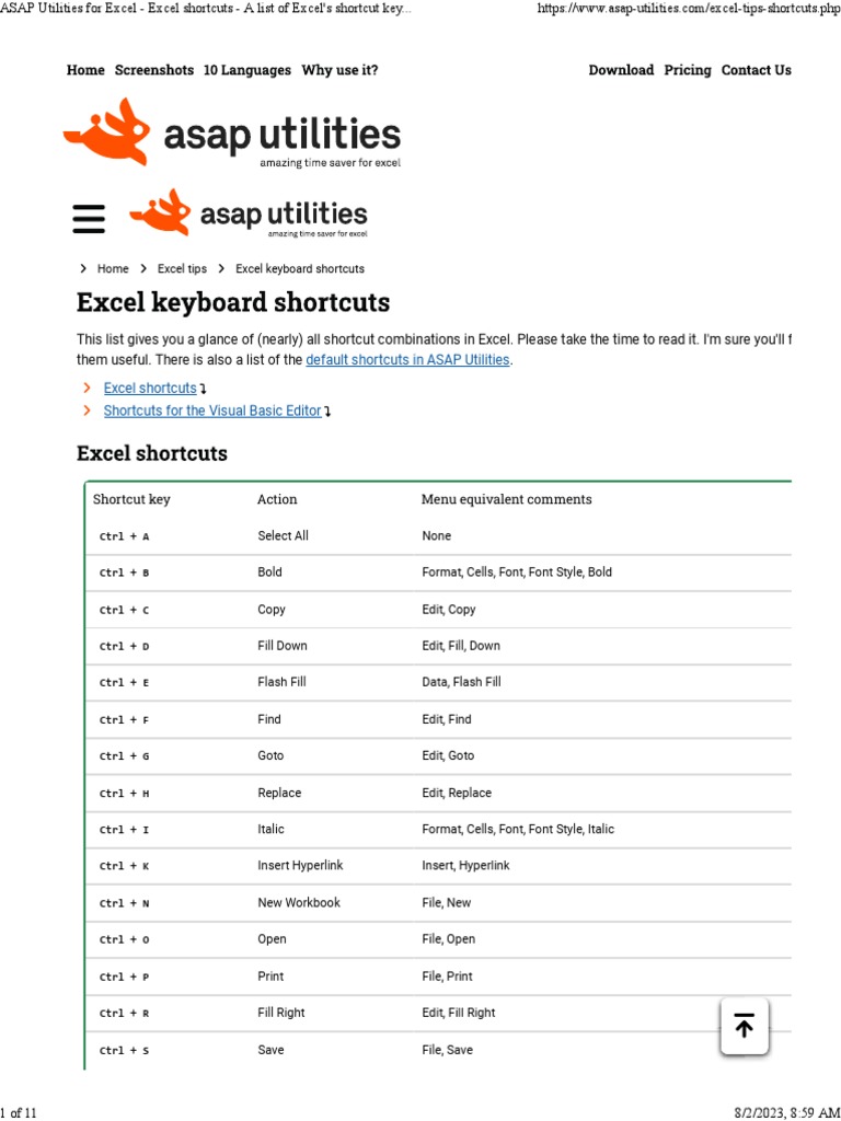 ASAP Utilities For Excel - Excel Shortcuts - A List of Excel's Shortcut ...