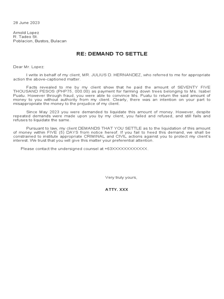 Demand Letter To Settle | PDF