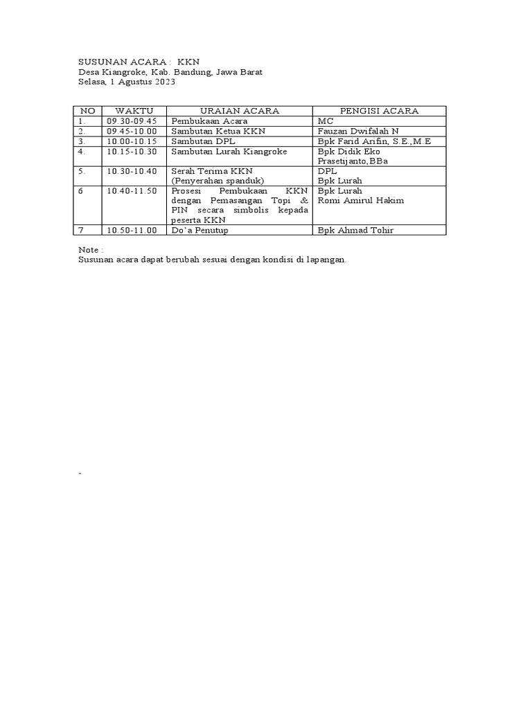 SUSUNAN ACARA KKN | PDF