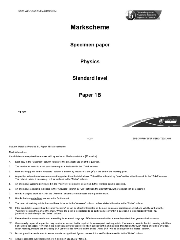 Physics SL Paper 1B Markscheme | PDF