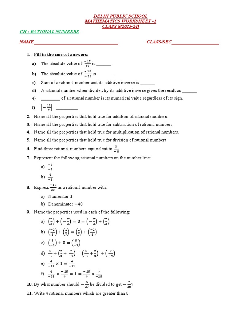 Class 8 Ch Rational | Pdf | Rational Number | Numbers