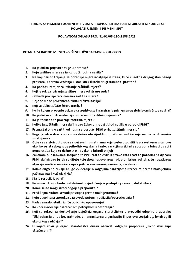 Pitanja Za Pismeni I Usmeni Ispit I Lista Propisa I Literature - Viši ...