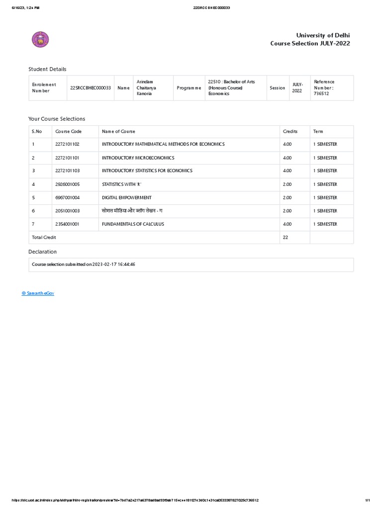 Course Selction 22srccbhec000033 Pdf
