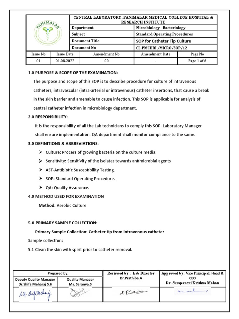 SOP for Catheter Tip Culture Procedures | PDF